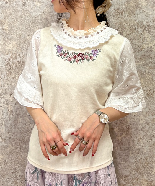 バラの花刺繍レース切替プルオーバー | レディース服 バラの花刺繍レース切替プルオーバー | レディース服