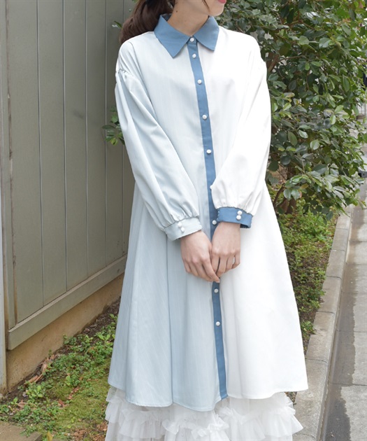 ストライプ配色切替シャツワンピース | レディース服 ストライプ配色切替シャツワンピース | レディース服